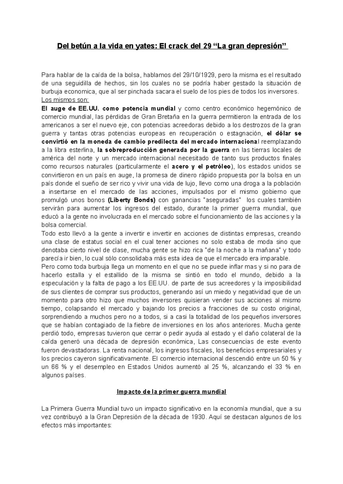Crack del 29 y la Gran Depresión: Análisis y Consecuencias TP - Gómez ...