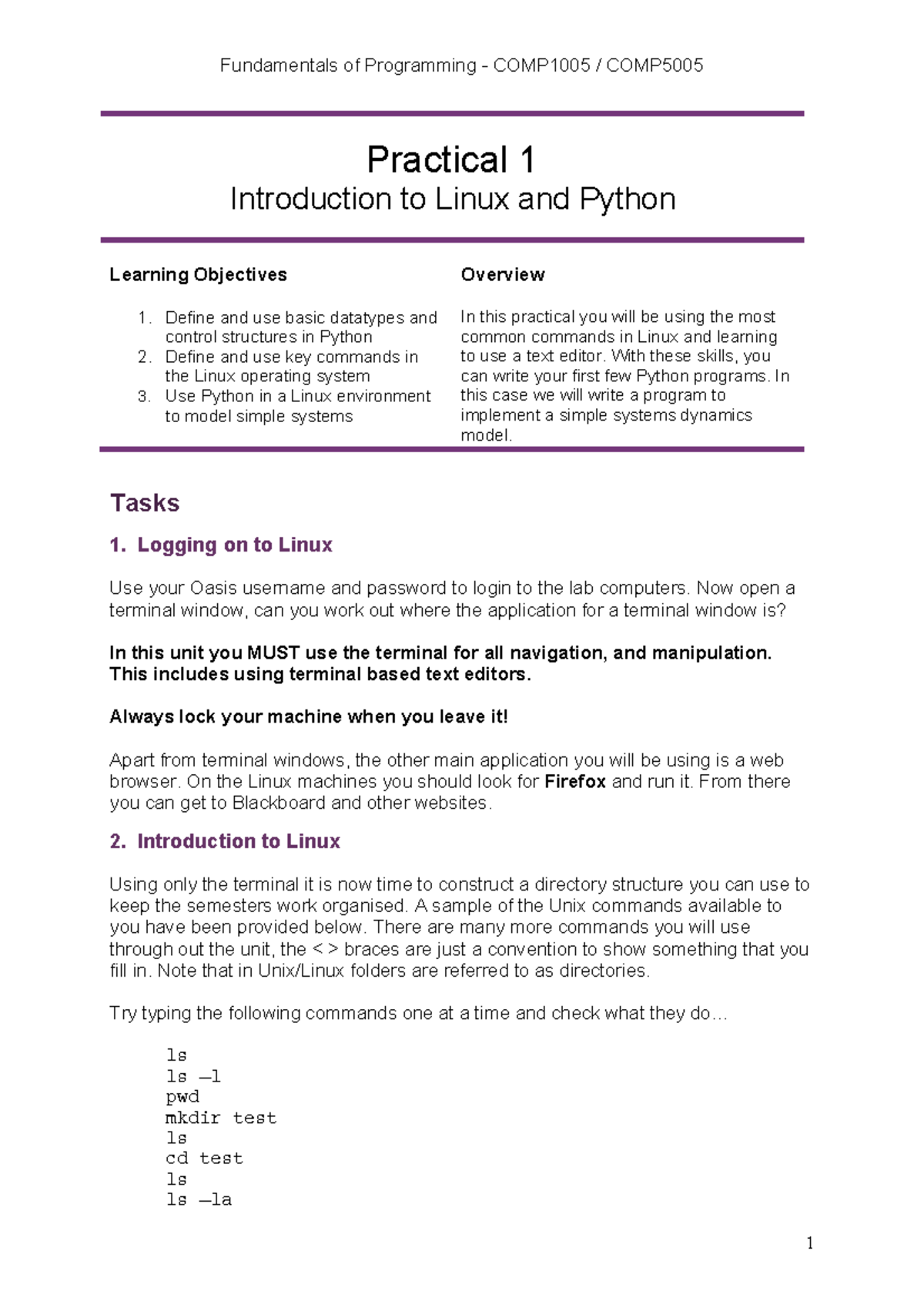 Practical week 1 COMP1005 - Practical 1 Introduction to Linux and Python Learning Objectives ...