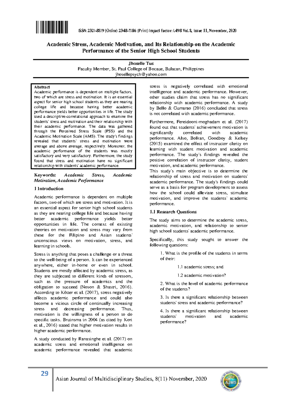Academic Stress and Motivation: Impact on Senior High Performance (SHS ...