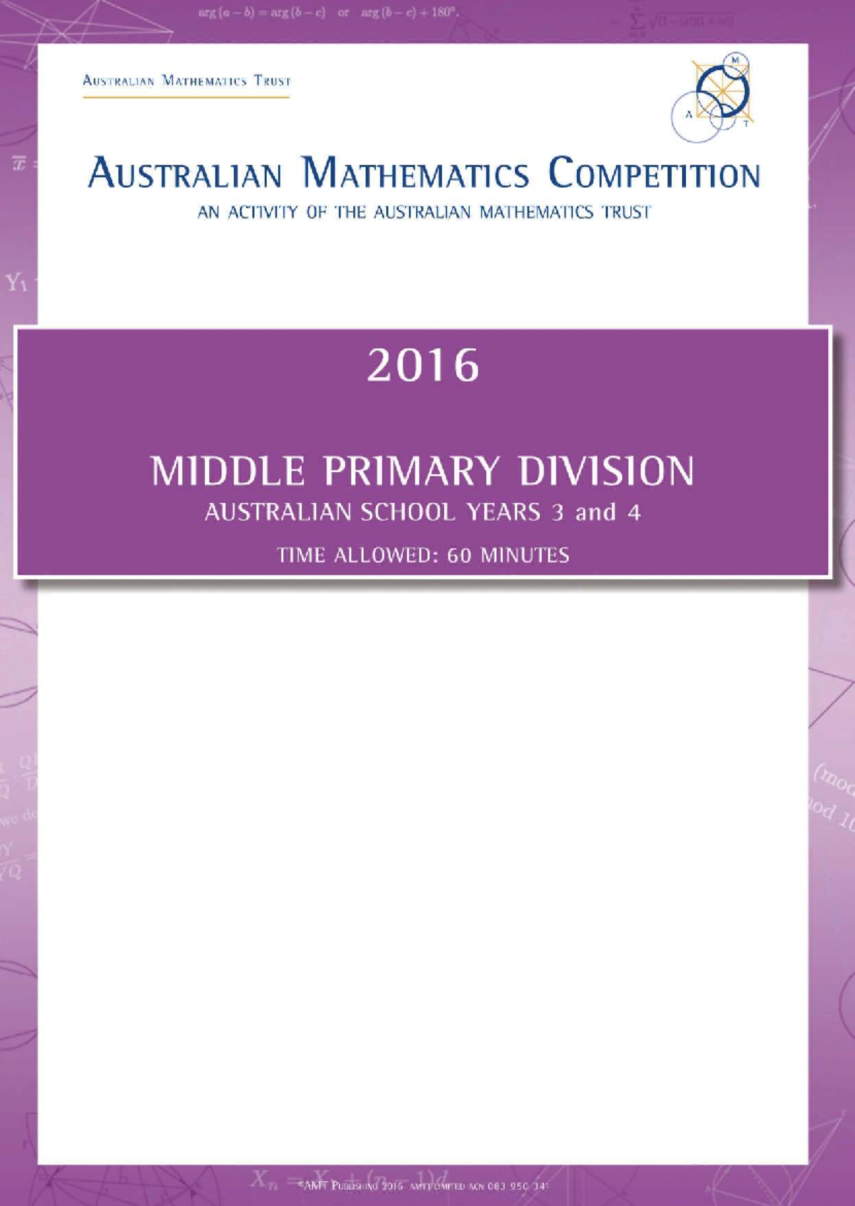 2016 AMC Level A Exam Paper for Middle Primary (Years 3-4) - Studocu