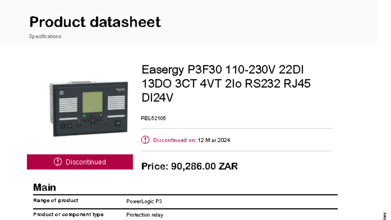 Schneider Electric PowerLogic P3 Protection Relay Datasheet REL52105 ...
