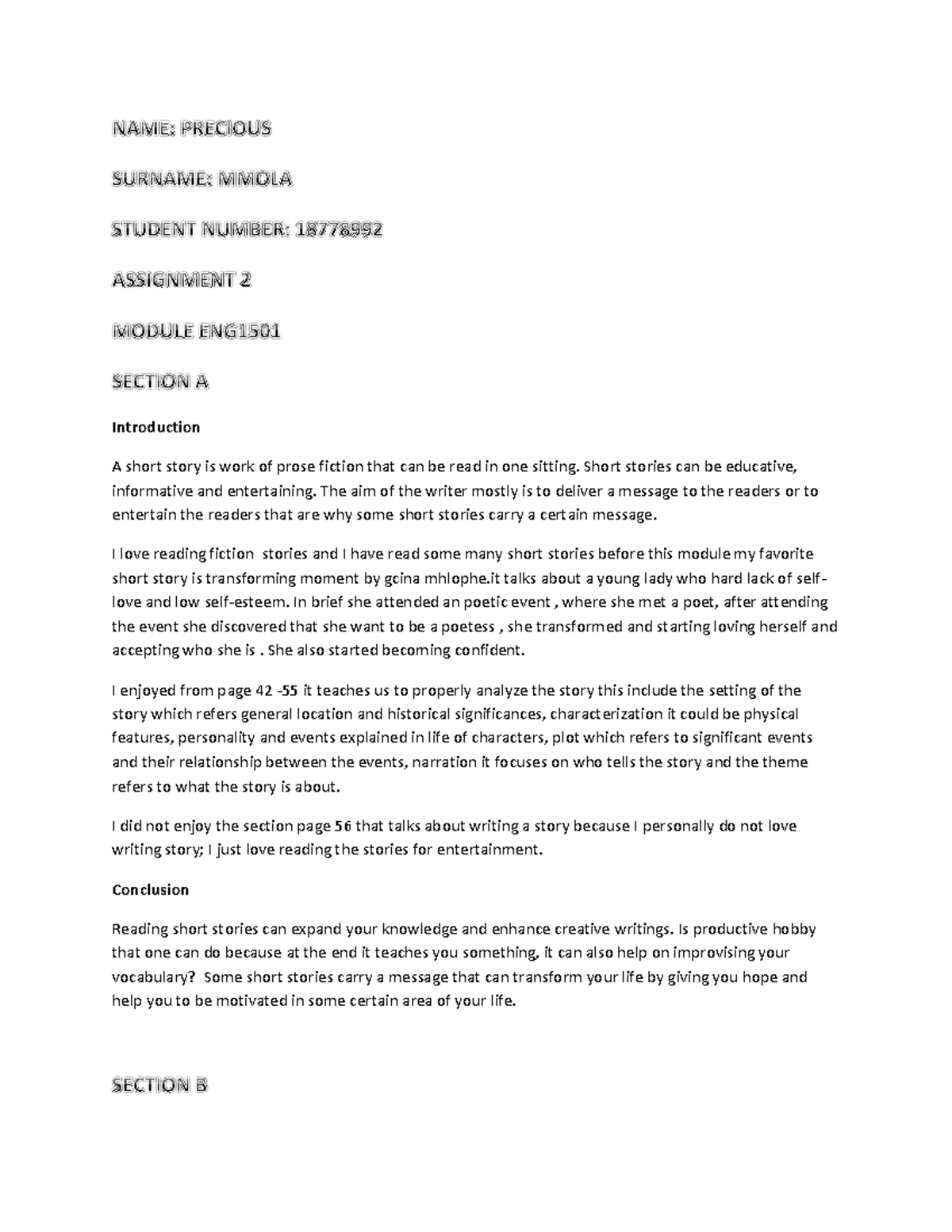 Eng 1501 2 - Analysis and Reflection on Short Stories - Studocu