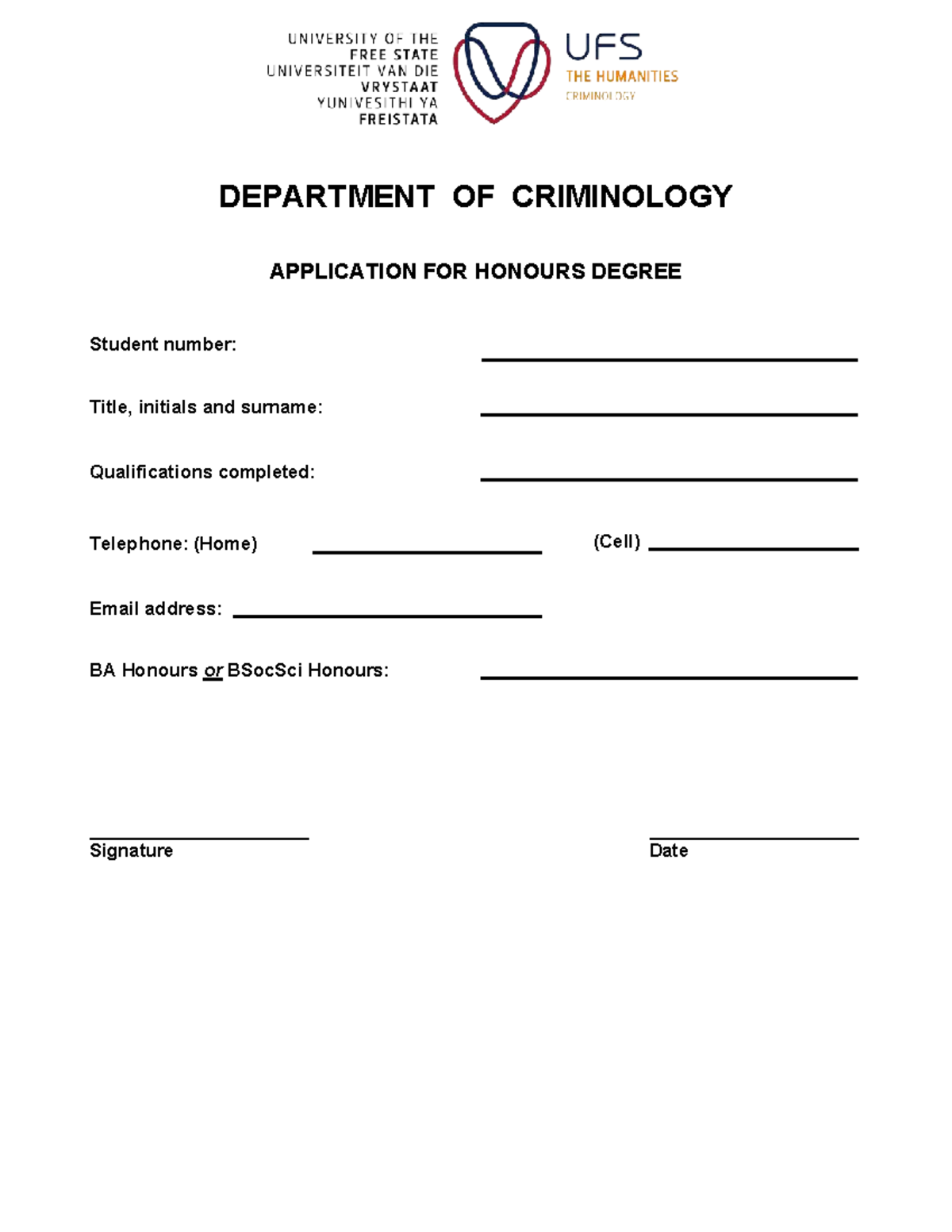 CRIM 2026 Honours Degree Application Form - Studocu