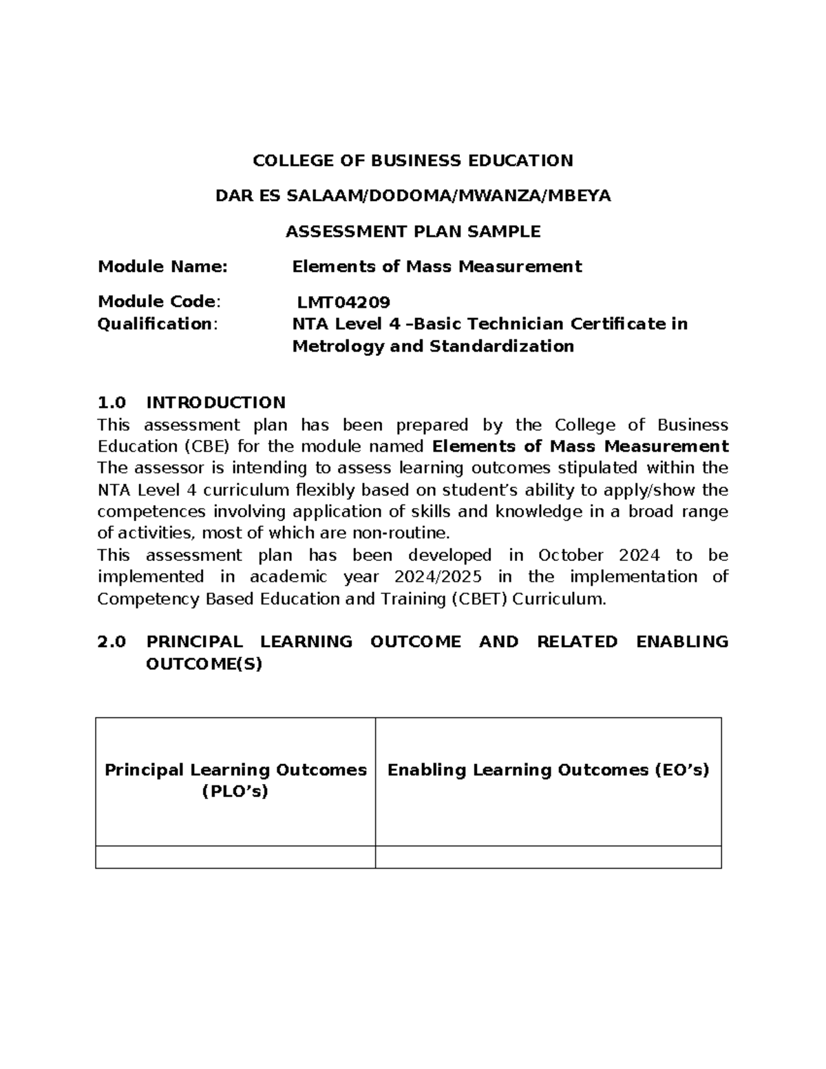 Elements of of Mass Measurement Assessment Plan - COLLEGE OF BUSINESS ...