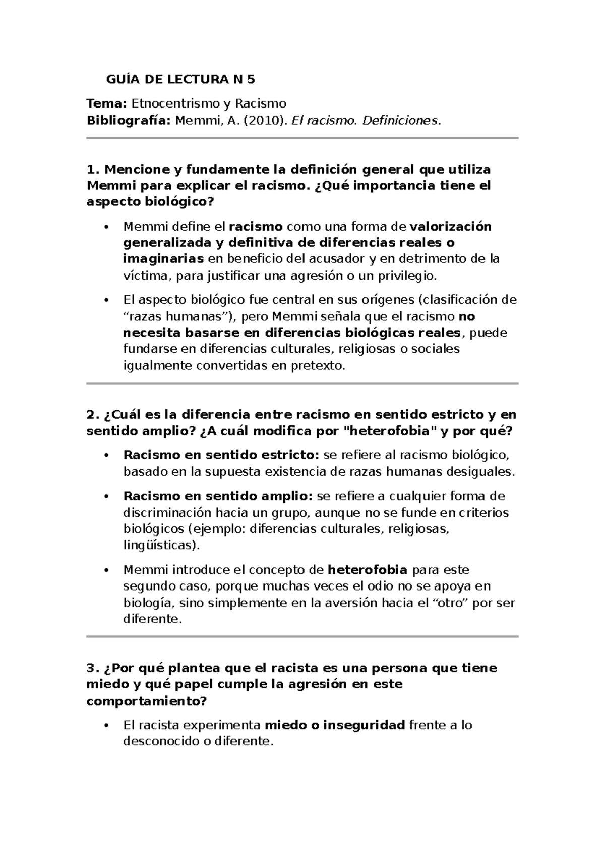GUÍA DE LECTURA N 5: Etnocentrismo y Racismo según Memmi - Studocu