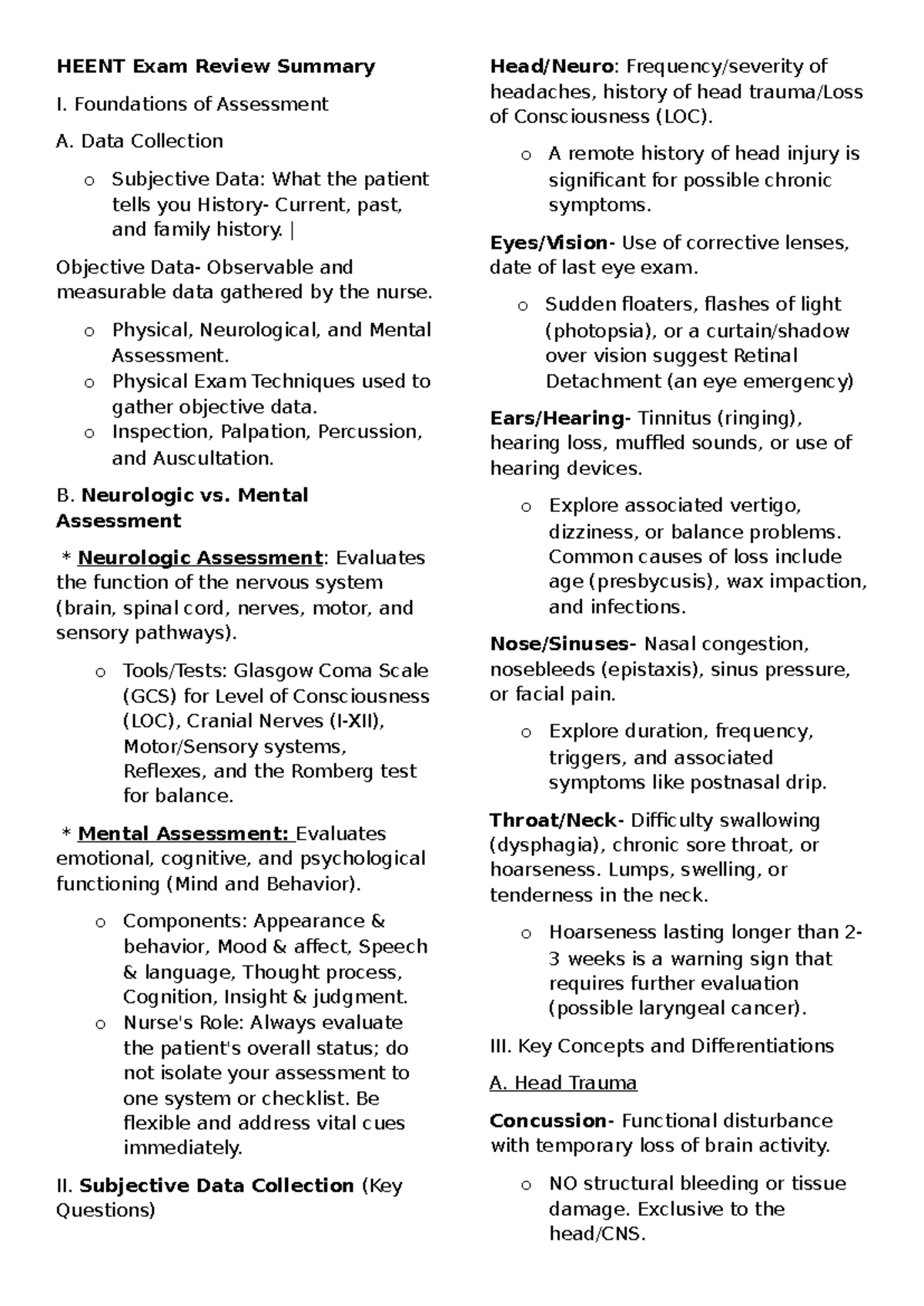 HEENT Exam Review Summary: Key Concepts & Assessment Techniques - Studocu