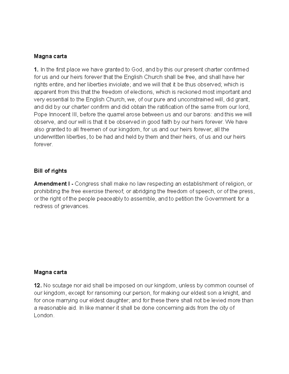 Magna Carta vs. U.S. Bill of Rights: Key Principles Comparison - Studocu