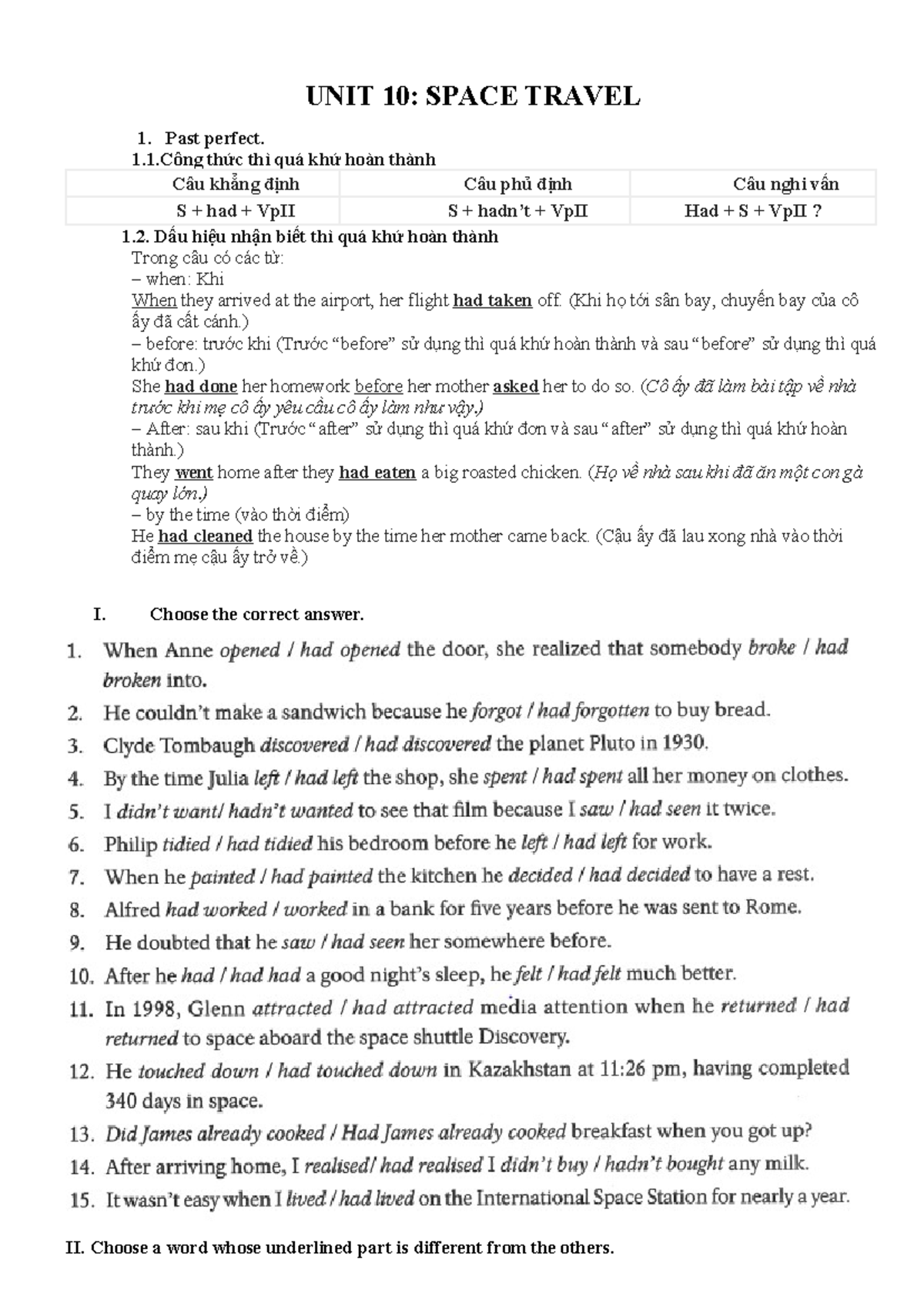 UNIT 10 E9: Vocabulary & Grammar Review Exercises on Space Travel - Studocu