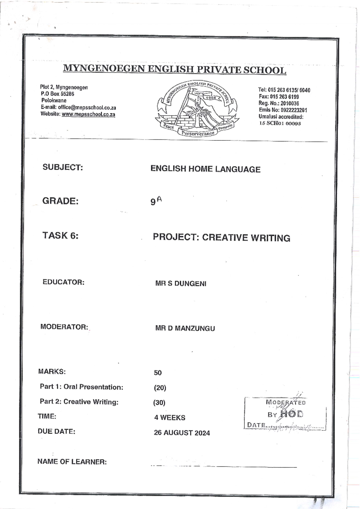 Grade 9 English HL Project: Creative Writing & Oral Presentation Task ...
