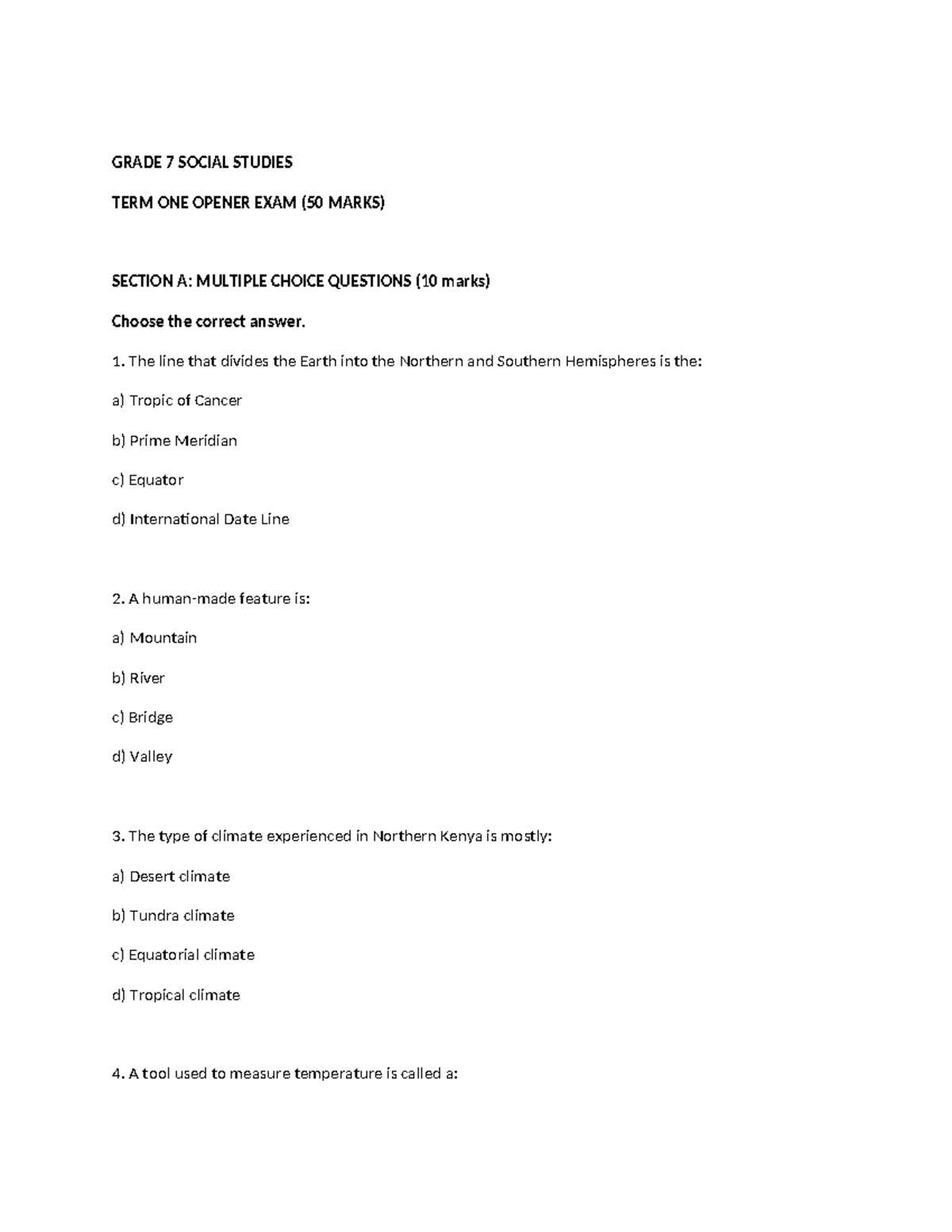 GRADE 7 SOCIAL STUDIES TERM ONE OPENER EXAM NOTES - Studocu