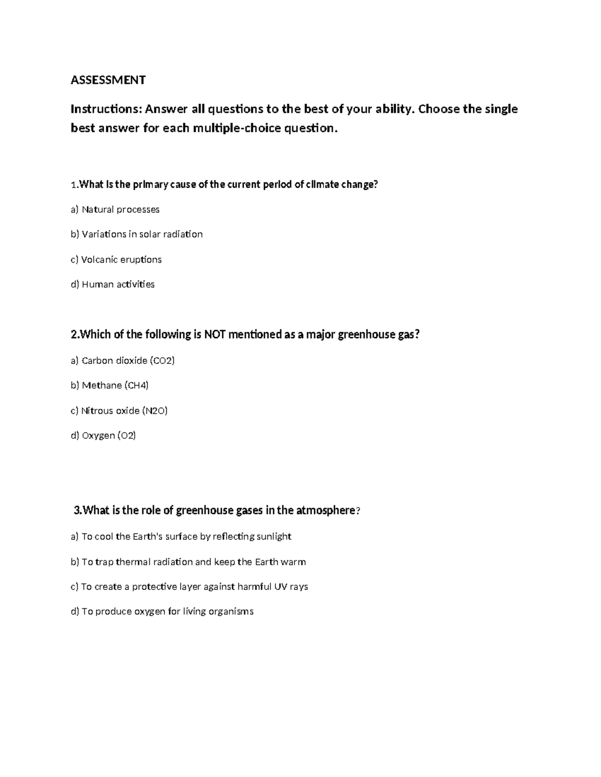 Assessment - Lecture on Climate Change and Greenhouse Gases - Studocu