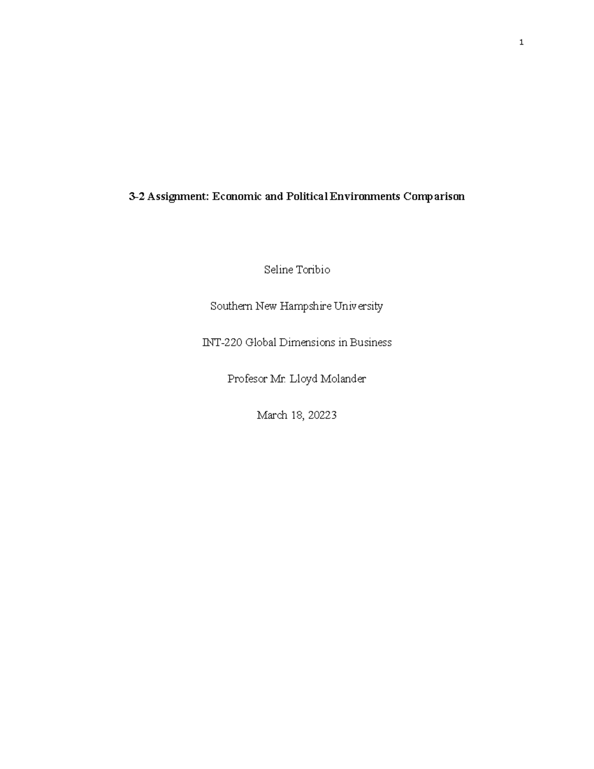 INT-220 3-2 Assignment: Comparison of Economic & Political Environments ...
