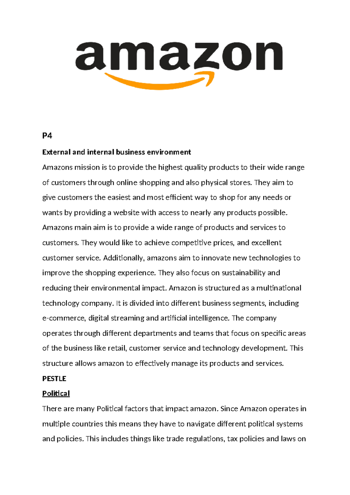 Business Coursework 2: Analysis of Amazon's Environment and Strategies ...