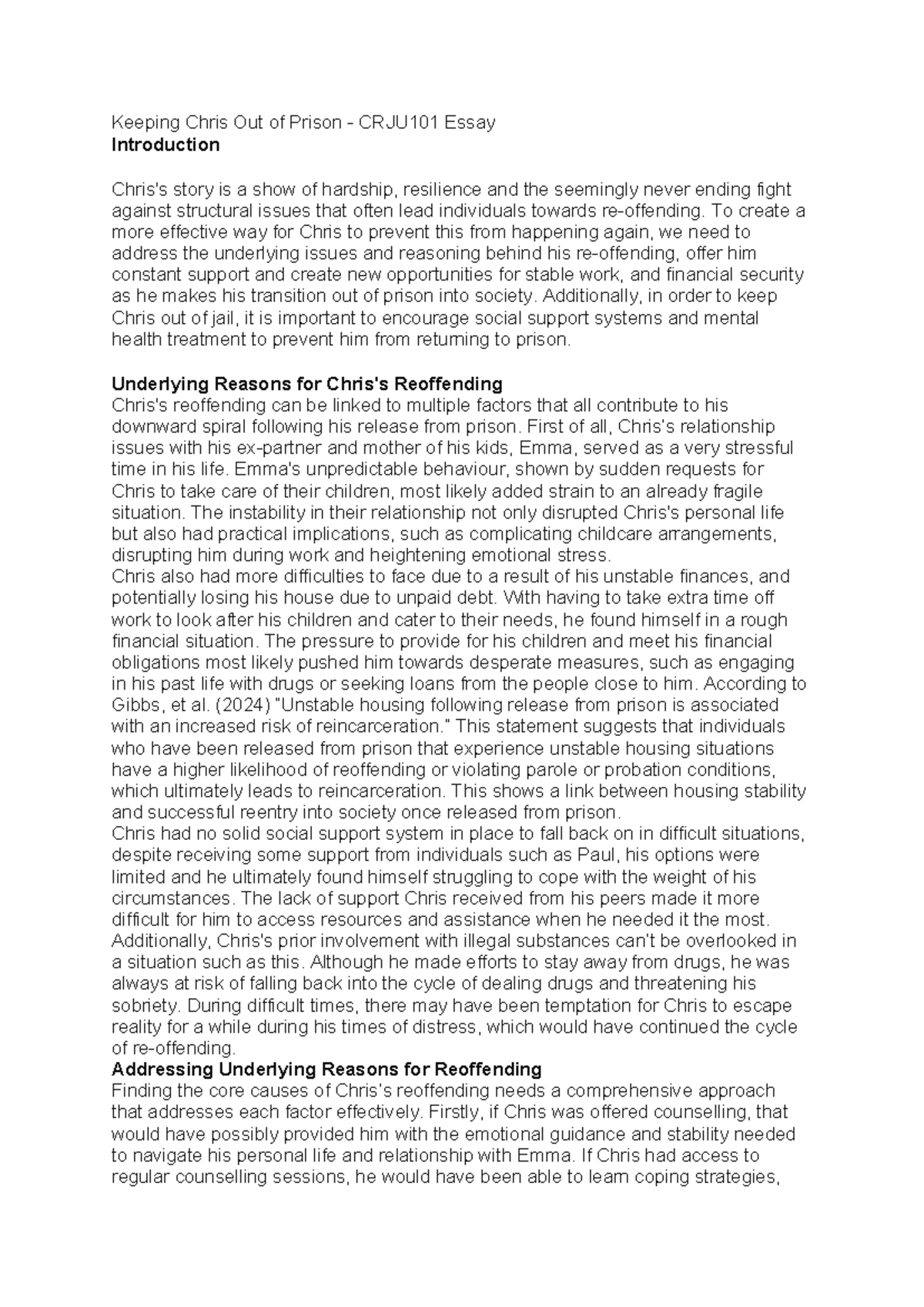 Keeping Chris Out of Prison: CRJU101 Essay on Reoffending Solutions ...
