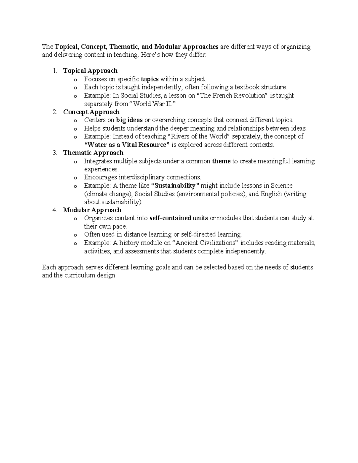 Curriculum Approaches: Topical, Concept, Thematic & Modular Methods ...