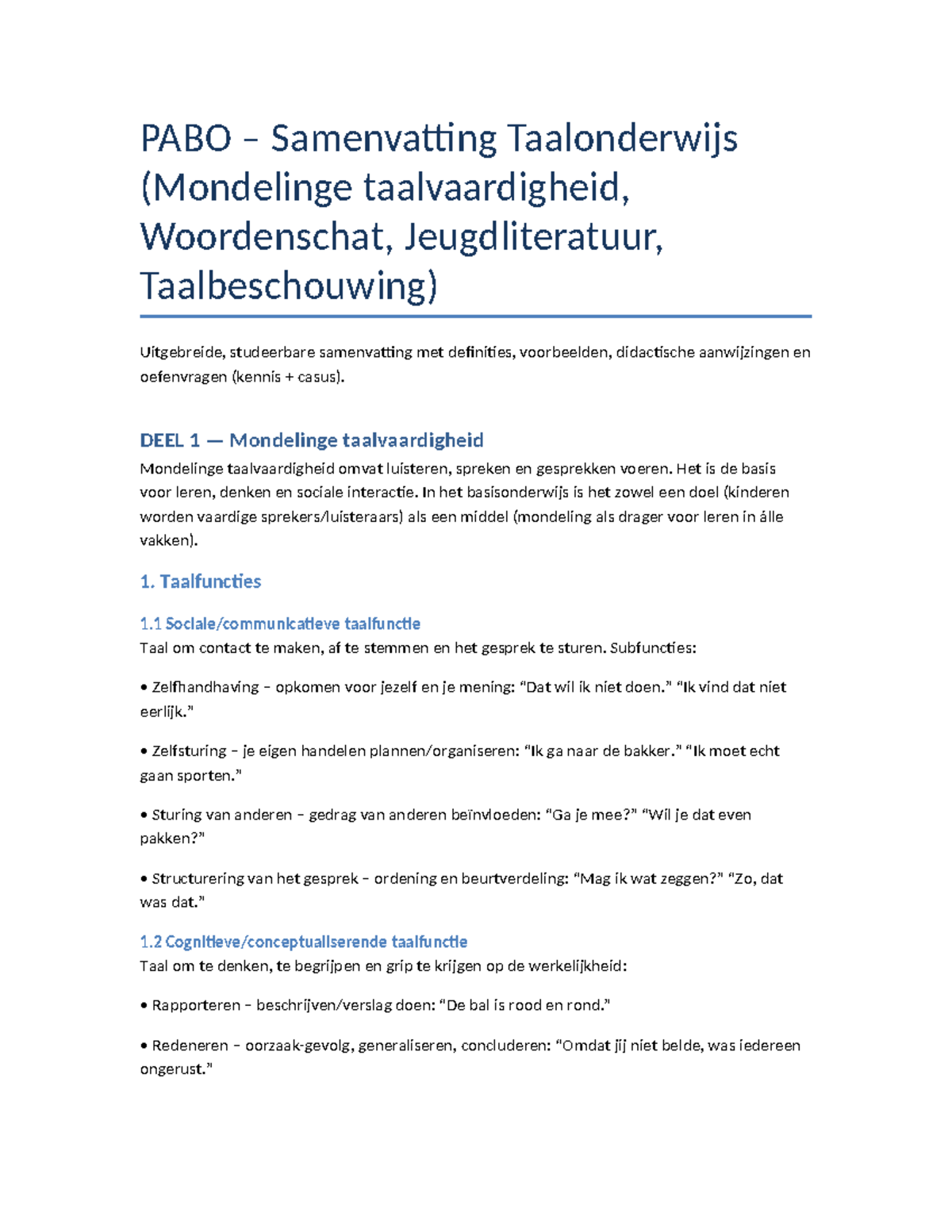 PABO Samenvatting Taalonderwijs A1: Mondelinge Vaardigheid en ...