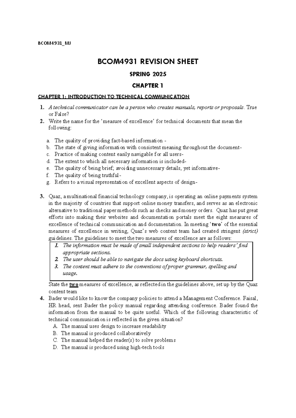 BCOM4931_SPRING 2025 REVISION SHEET CH 1: TECH COMM INTRODUCTION - Studocu