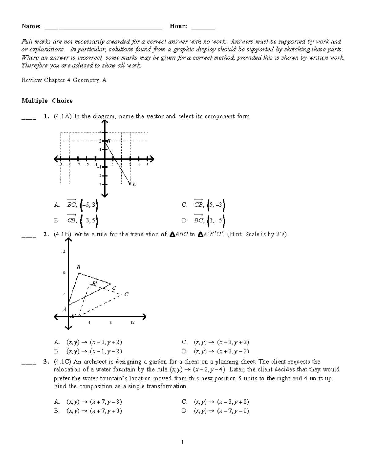 Geometry 1.1-1.4 Quiz Review Answers - Name: Key Version A Geometry A ...