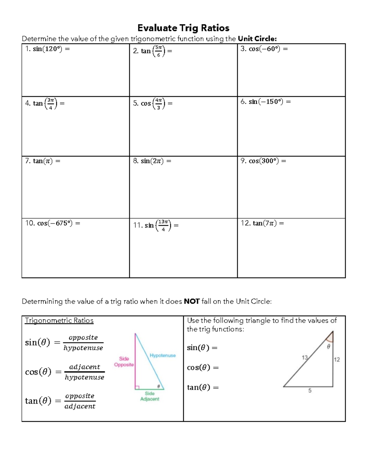 Trig Ratios and Unit Circle Evaluations Notes - Studocu