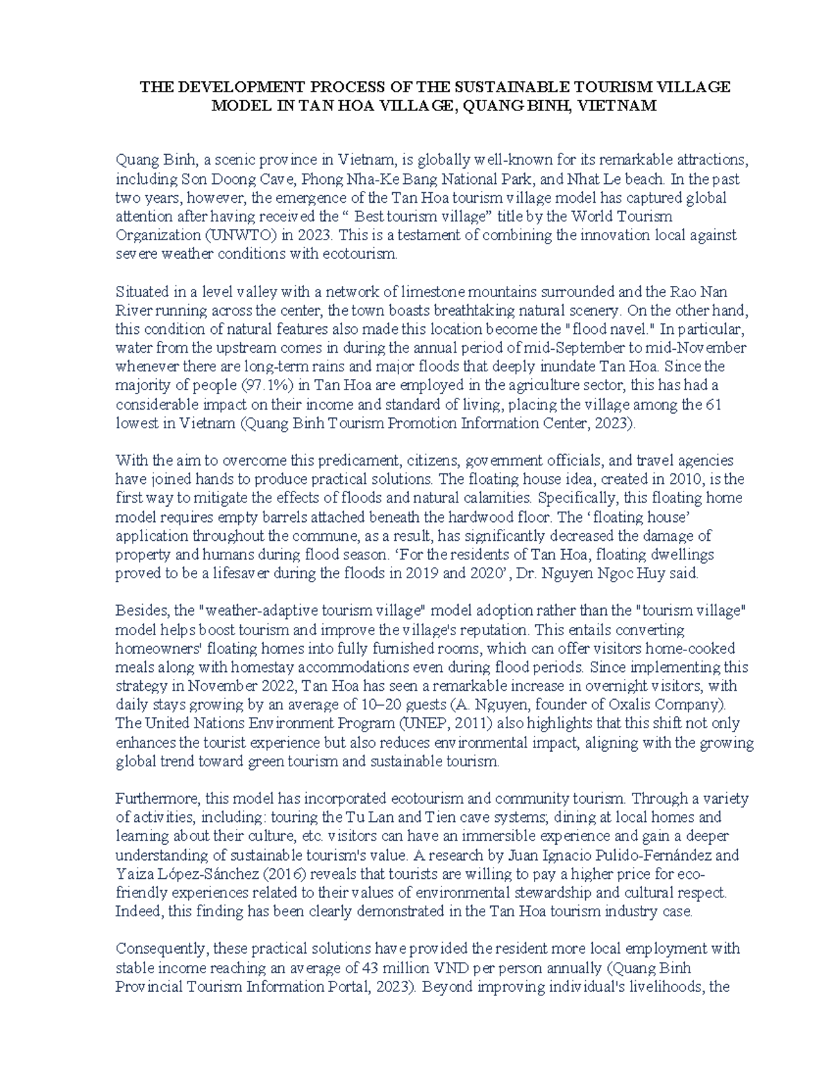 TADL - Case Study on Sustainable Tourism Village Model in Tan Hoa - Studocu