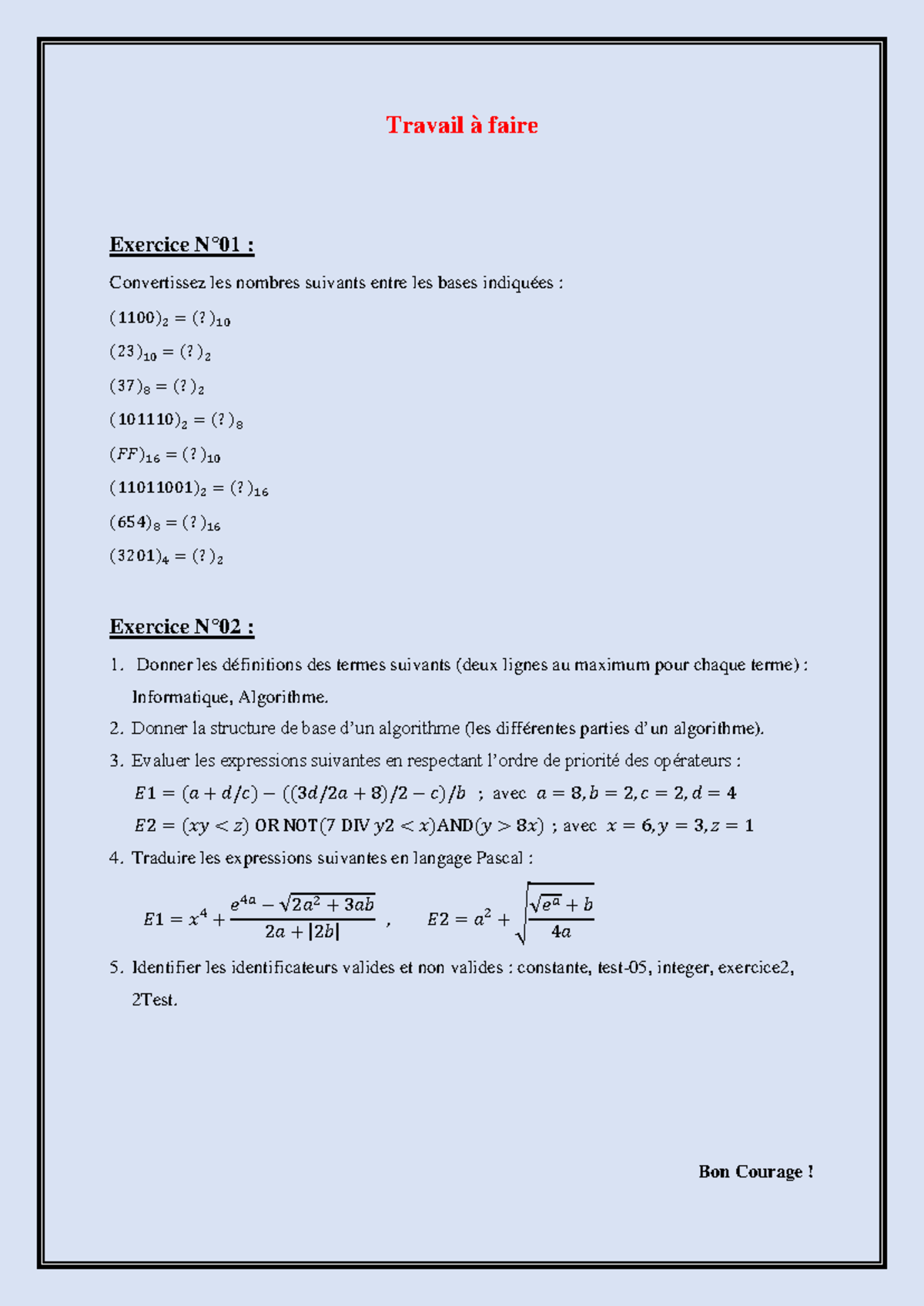 Travail à faire LMD : Exercice sur les Bases et Algorithmes - Studocu