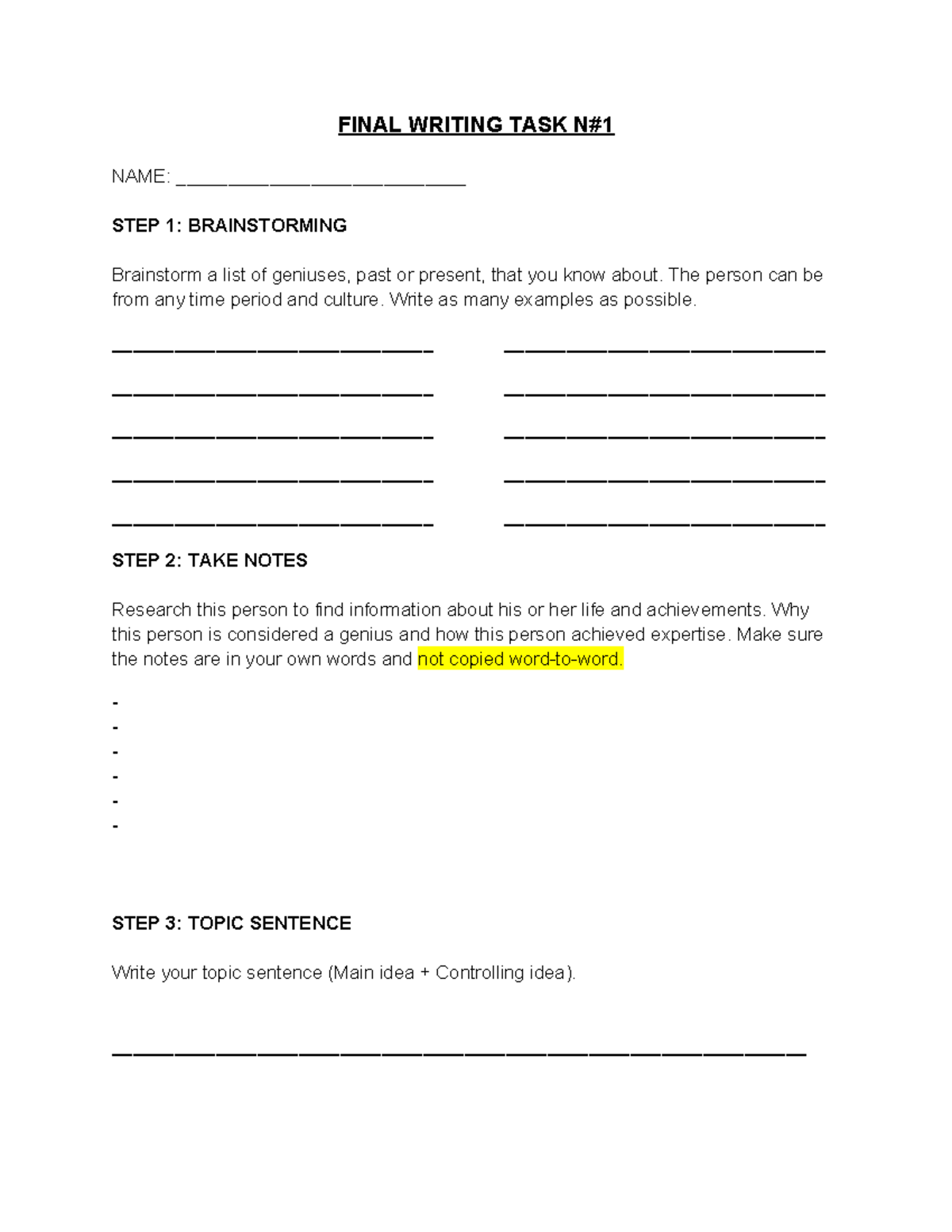 FINAL WRITING TASK: BRAINSTORMING & DRAFTING A GENIUS (ENG 101) - Studocu