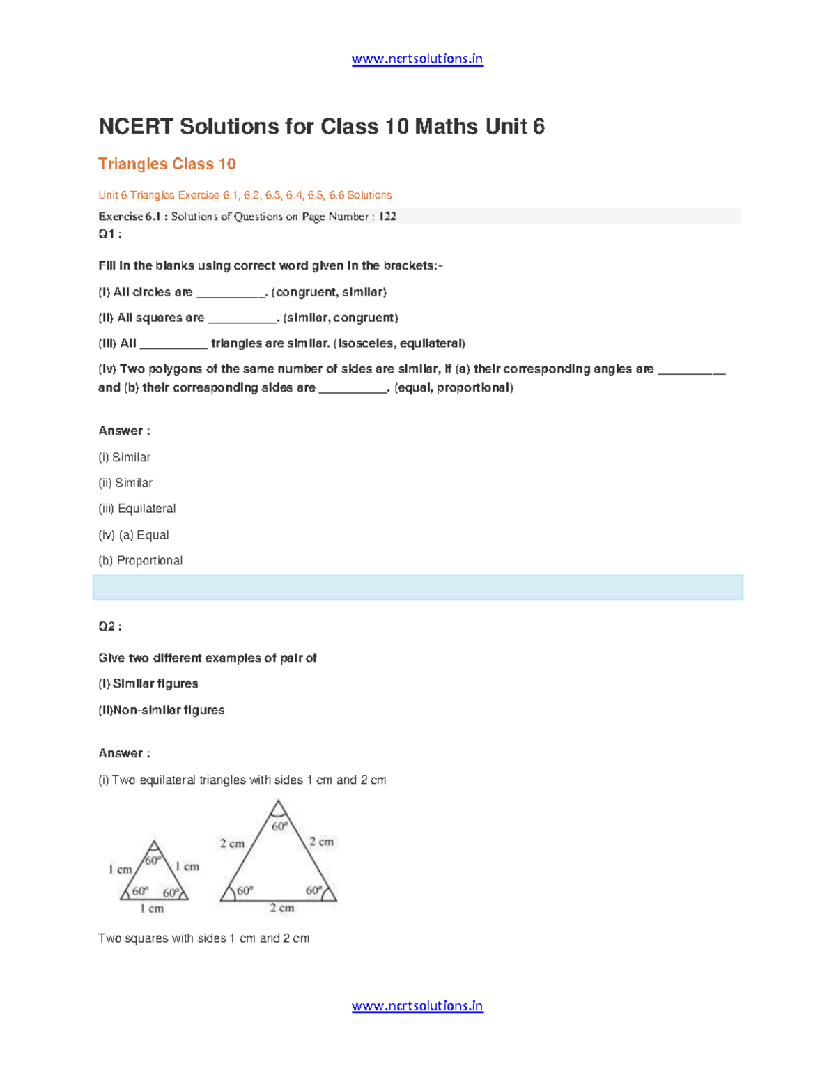 Chapter 6 triangles - NCERT Solutions for Class 10 Maths Unit 6 ...