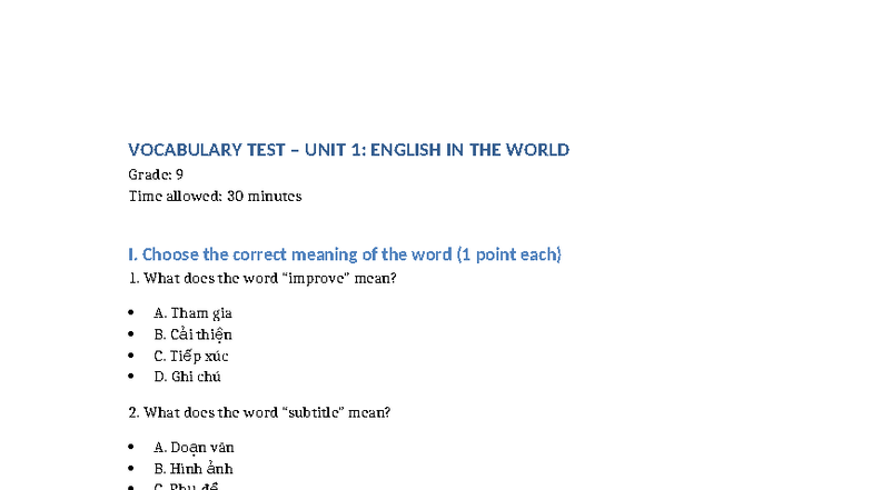 VOCABULARY TEST – UNIT 1: ENGLISH IN THE WORLD (GRADE 9) - Studocu