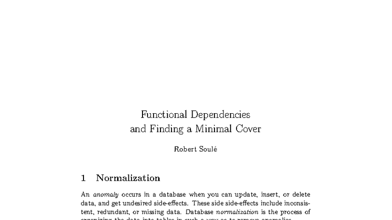 Functional Dependencies and Minimal Cover in DB Normalization - Studocu