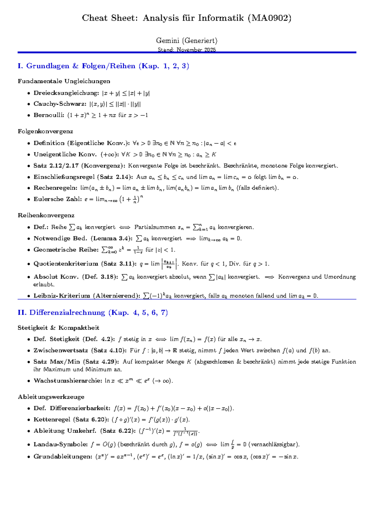 Cheat Sheet: Analysis für Informatik (MA0902) - Grundlagen & - Studocu