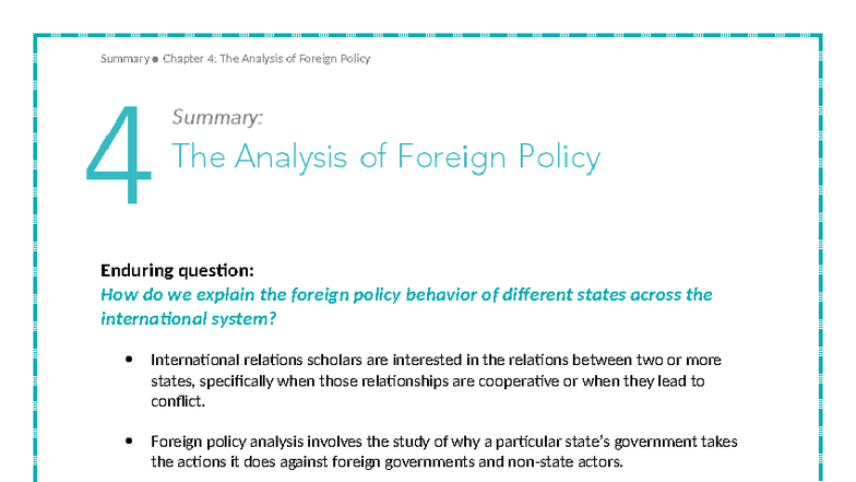 Ch4 Summary: Analyzing Foreign Policy Behavior in IR - Studocu