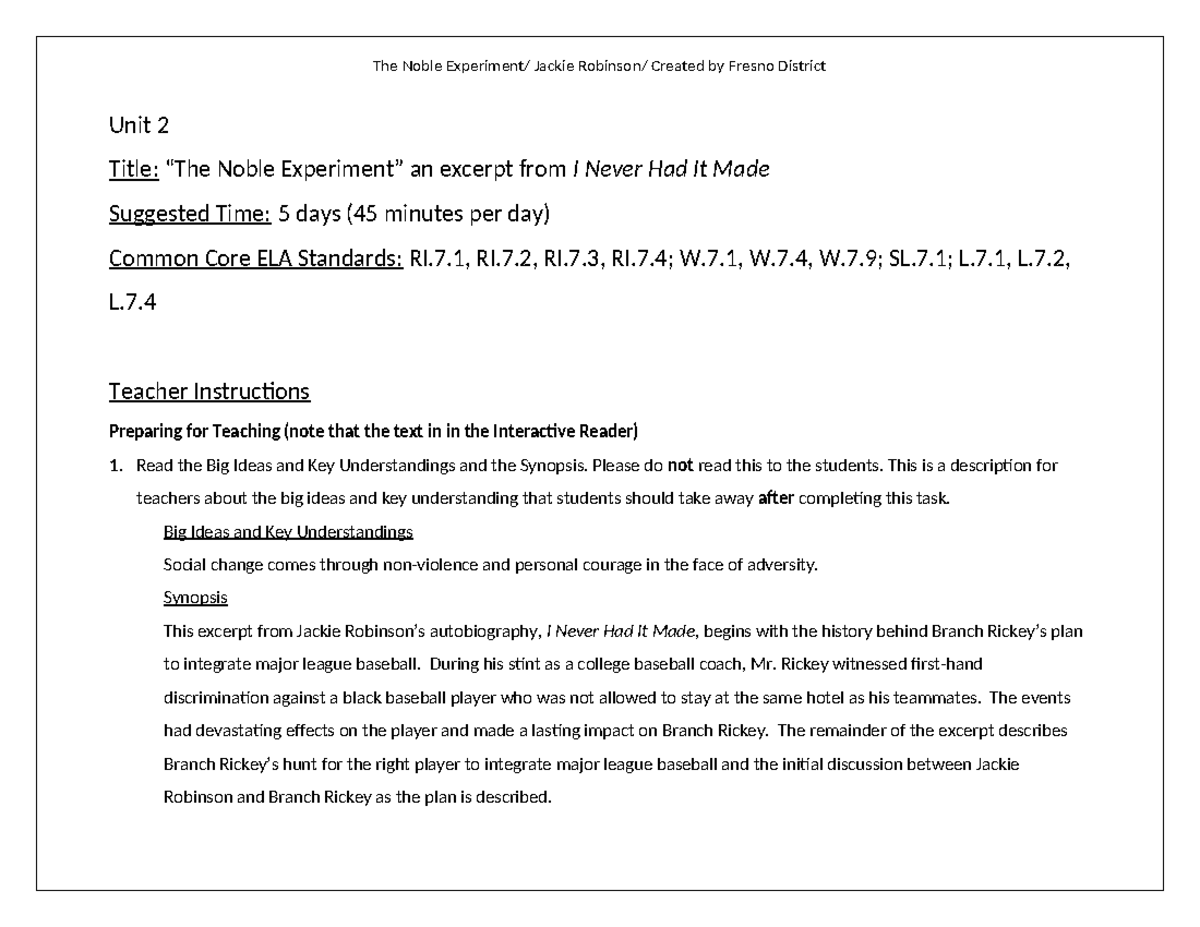 Lesson on "The Noble Experiment" in Jackie Robinson's Story (Unit 2) - Studocu