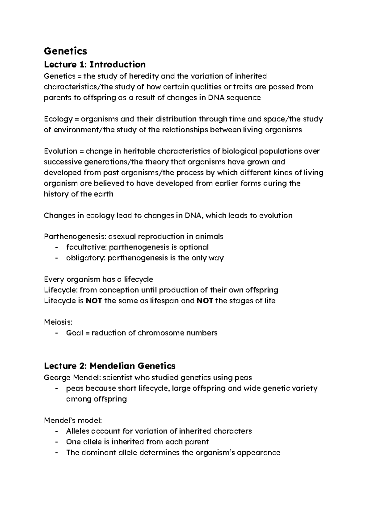 Biology Genetics, Ecology and Evolution Notes - Genetics Lecture 1 ...