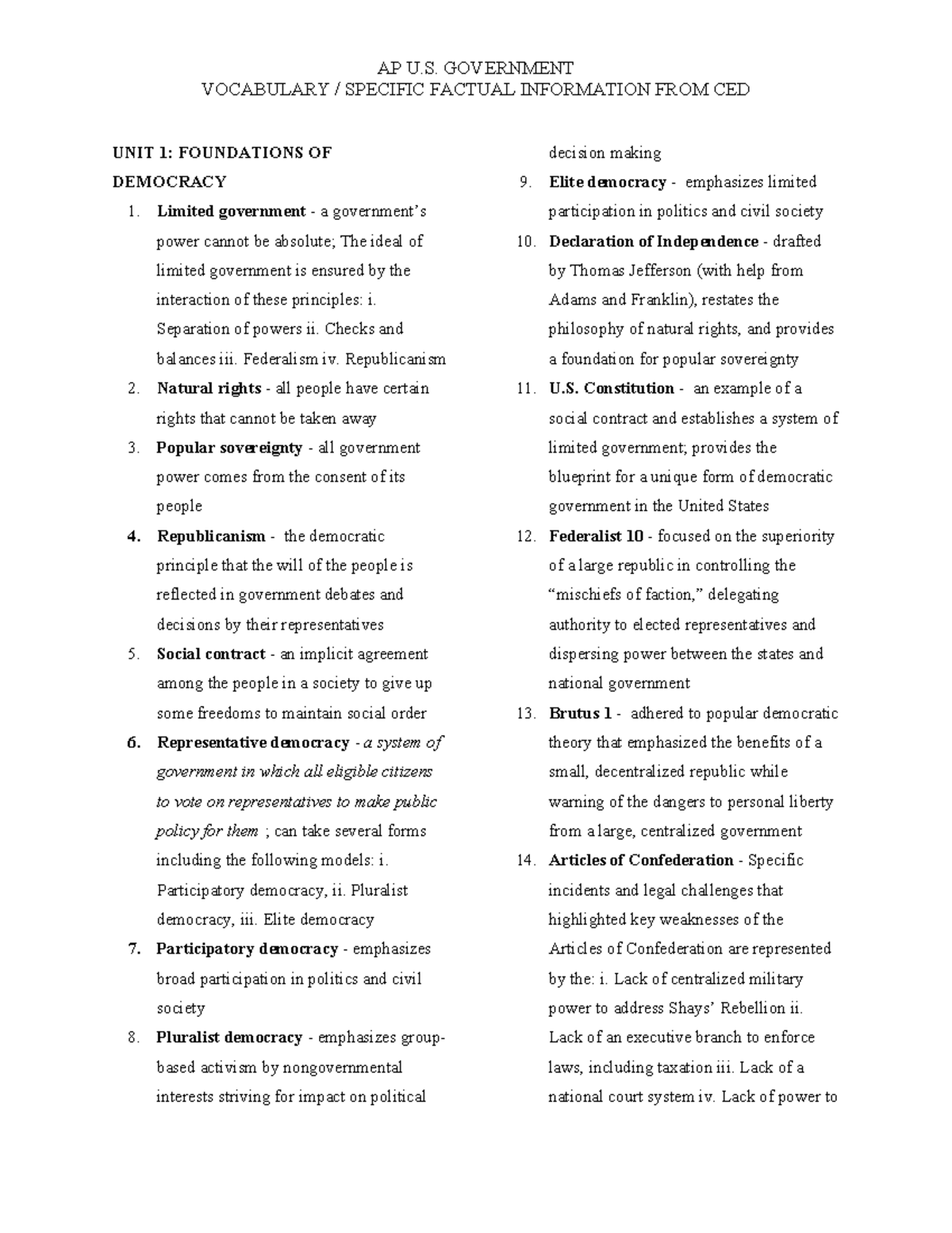 CED Vocab List with Definitions for Democracy Foundations and Gov't ...