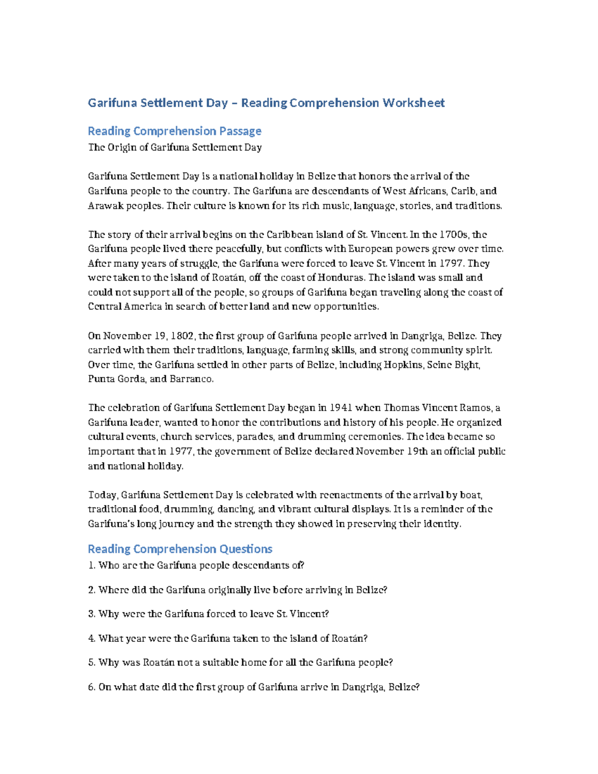 Garifuna Settlement Day Reading Comprehension Worksheet - Studocu