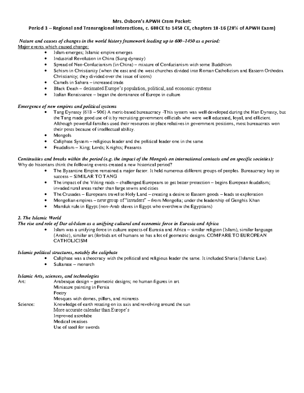 Mrs. Osborn's APWH Cram Packet: Key Themes from 600-1450 CE - Mrs ...