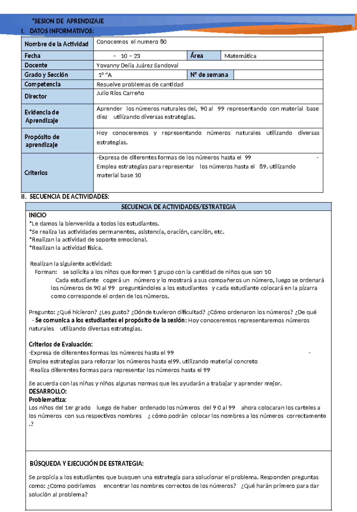 Sesion Conocemos LOS Numeros DEL 90 al 99 . - ”SESION DE APRENDIZAJE I ...