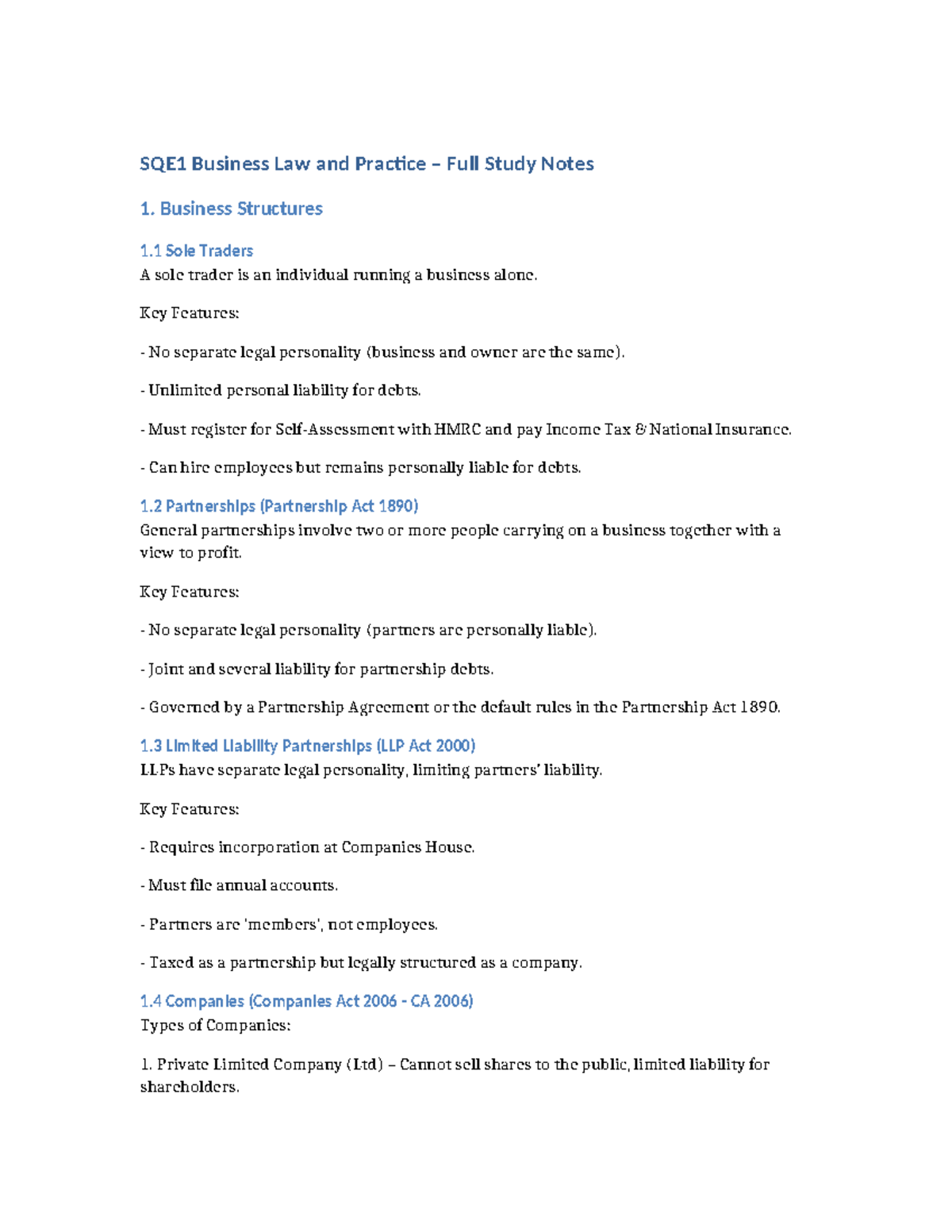 SQE1 Business Law Study Notes 2 - SQE1 Business Law and Practice – Full ...
