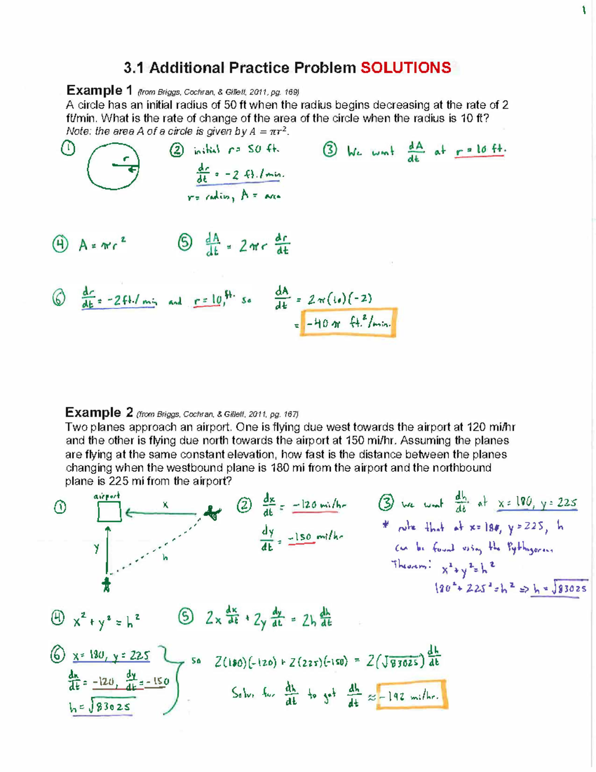 3.1 Additional Practice Problems: Solutions for Circle Areas & Plane ...