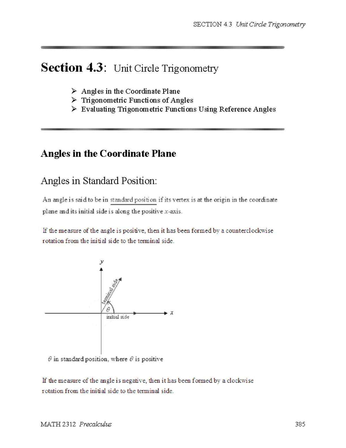 Unit Circle Trigonometry: Section 4.3 - MATH 2312 Precalculus Notes ...