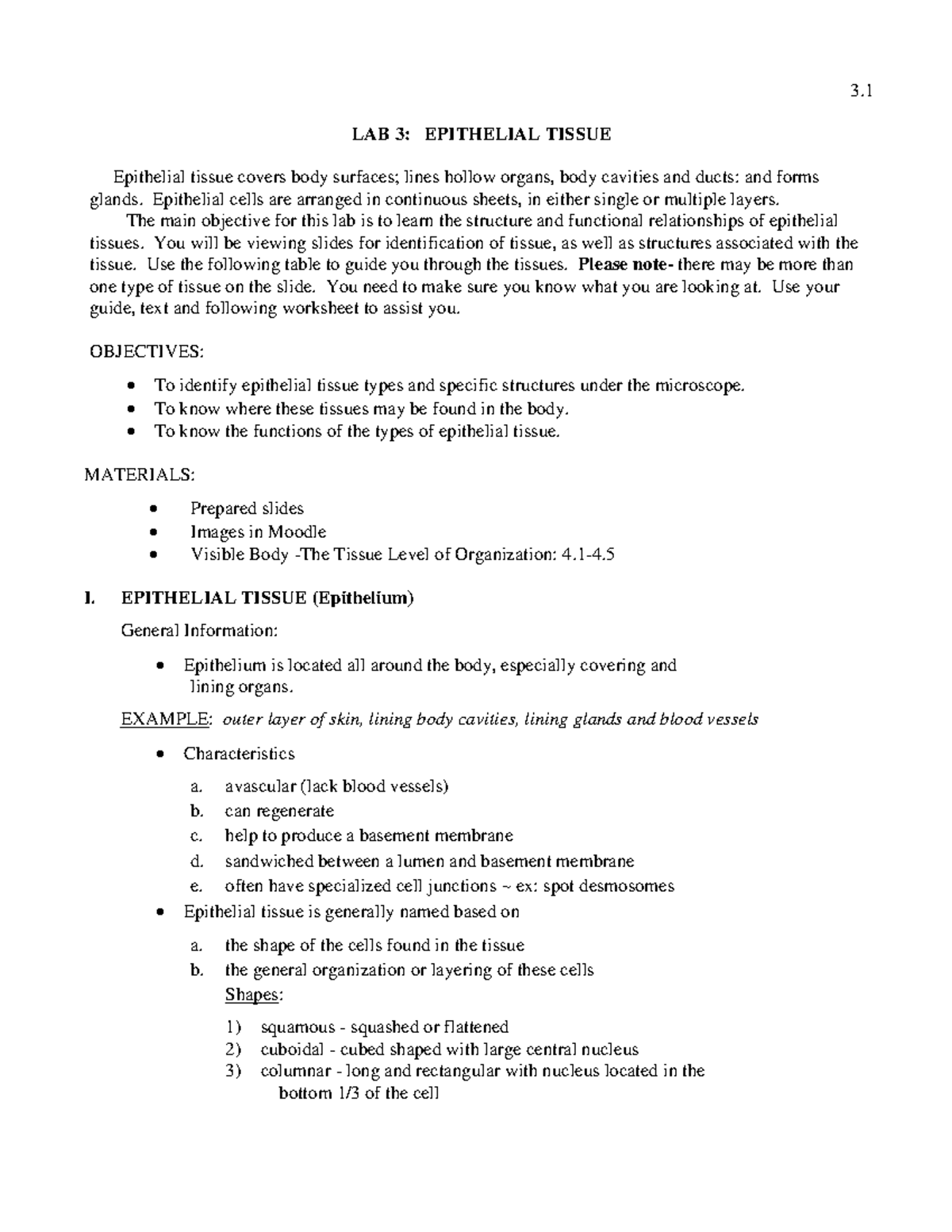 Lab 3 Epithelial Tissue - 3. LAB 3: EPITHELIAL TISSUE Epithelial tissue ...