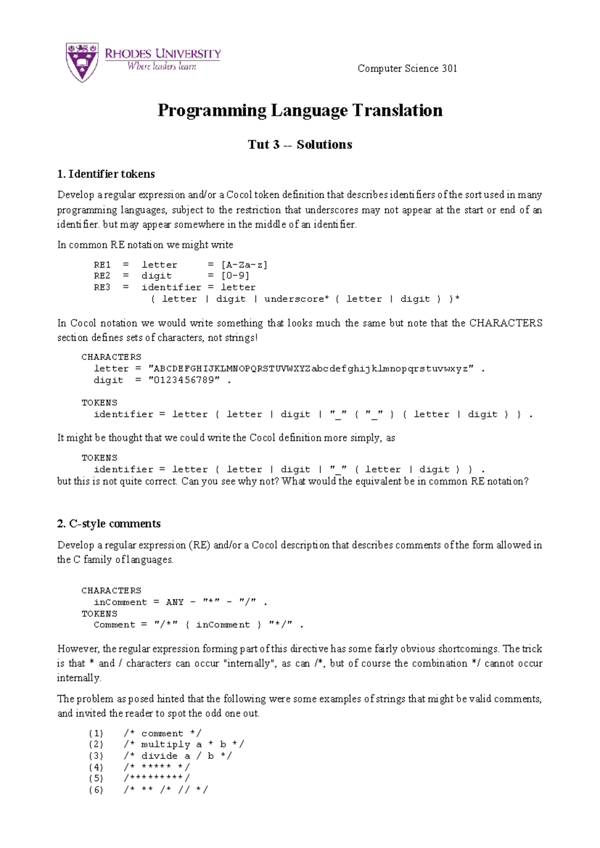 CS 301 Tut 3 Solutions - Programming Language Translation Techniques ...