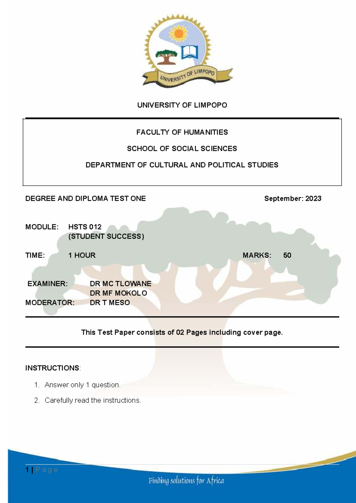 HSTS 012 Test One: Previous Question Paper (Sept 2023) - Studocu