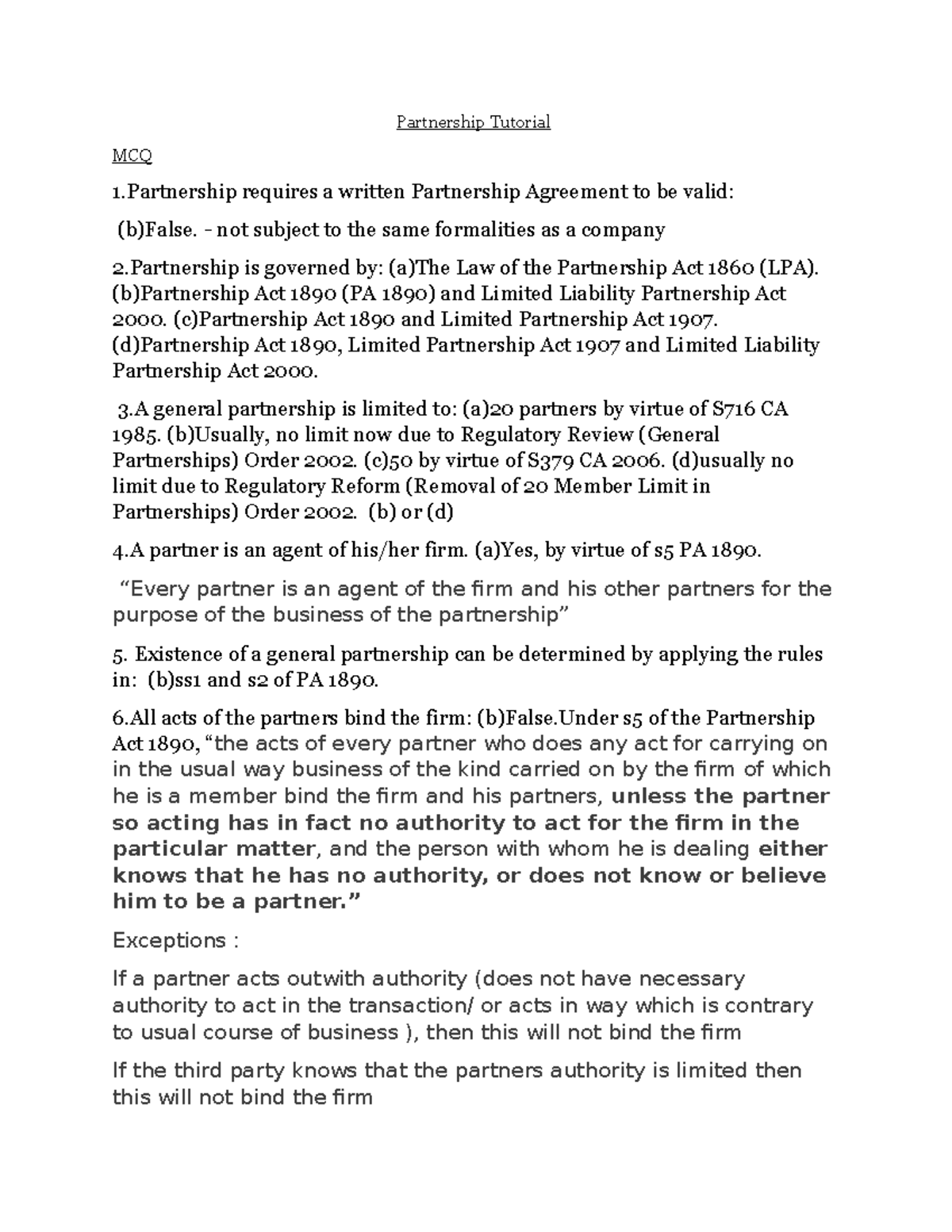 Partnership tutorial - Partnership Tutorial MCQ 1 requires a written ...