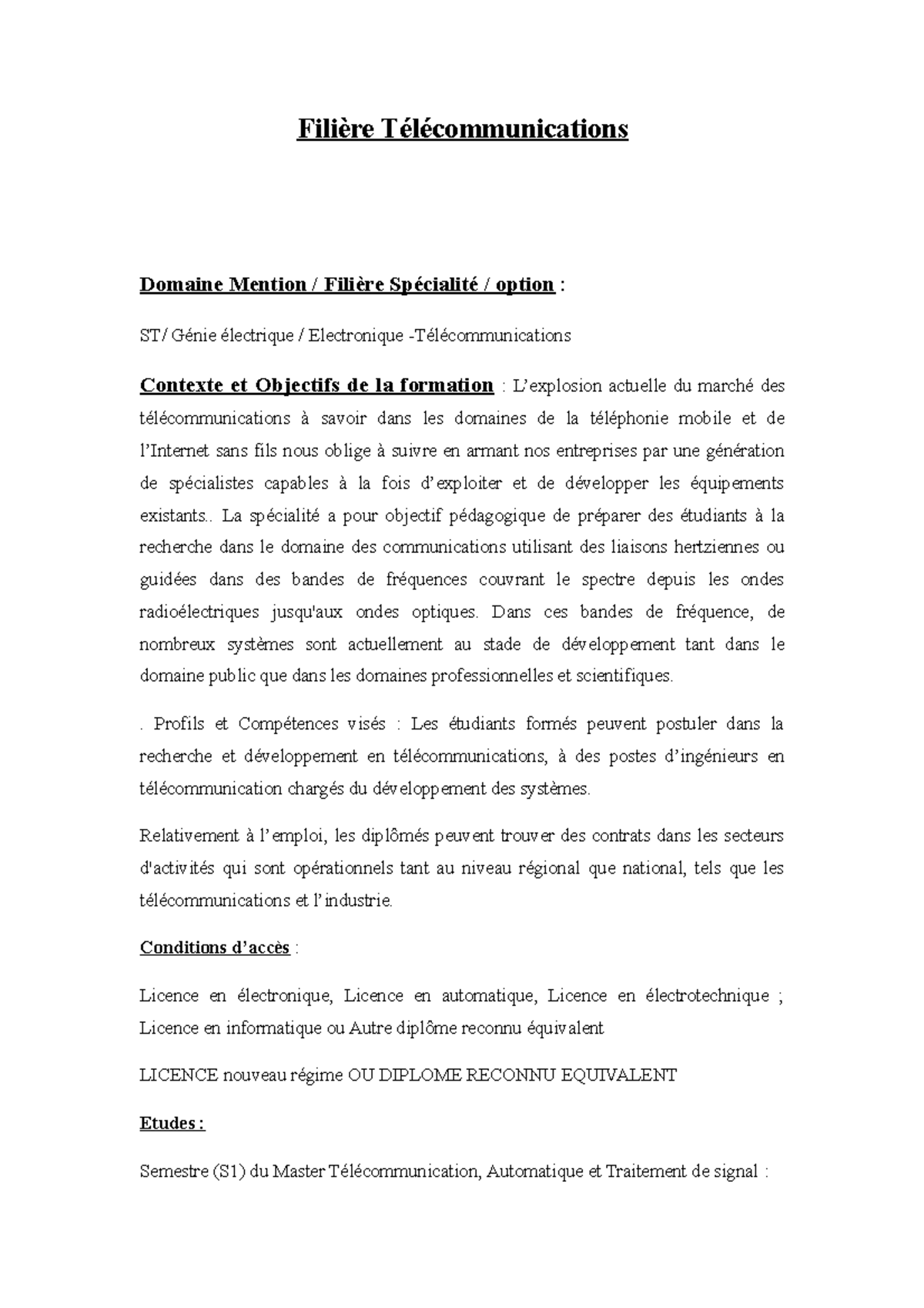 Master en Télécommunications: Contexte, Objectifs et Compétences - Studocu