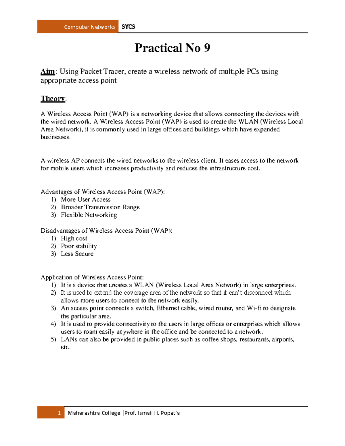 Computer Networks SYCS Practical No 9: Wireless Network Setup Guide ...