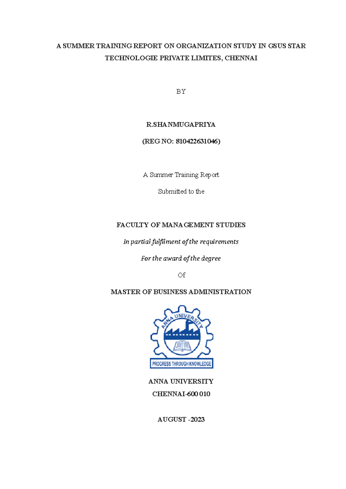 Summer Training Report on Org Study at GSUS Star Tech Pvt Ltd (MBA ...