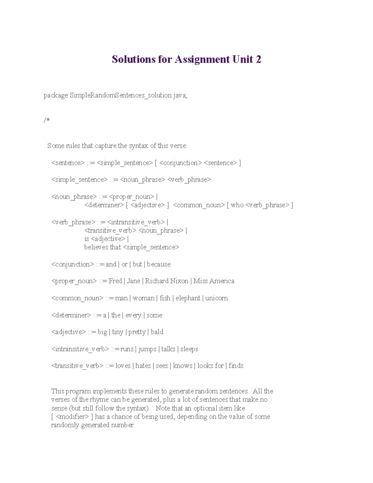 Solutions for Assignment Unit 2 - All the verses of the rhyme can be ...