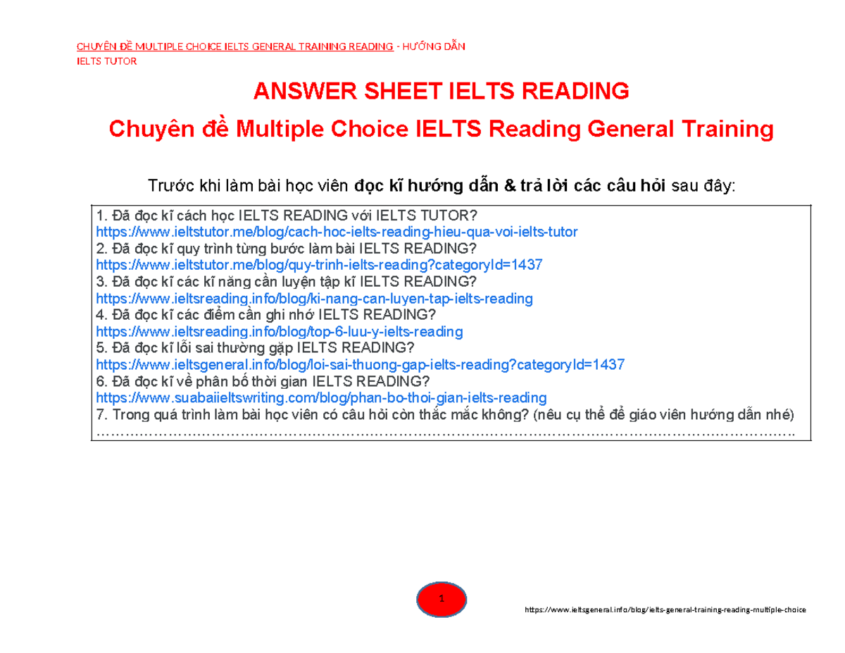 CHUYÊN ĐỀ MULTIPLE CHOICE IELTS GENERAL TRAINING READING - ANSWER SHEET ...