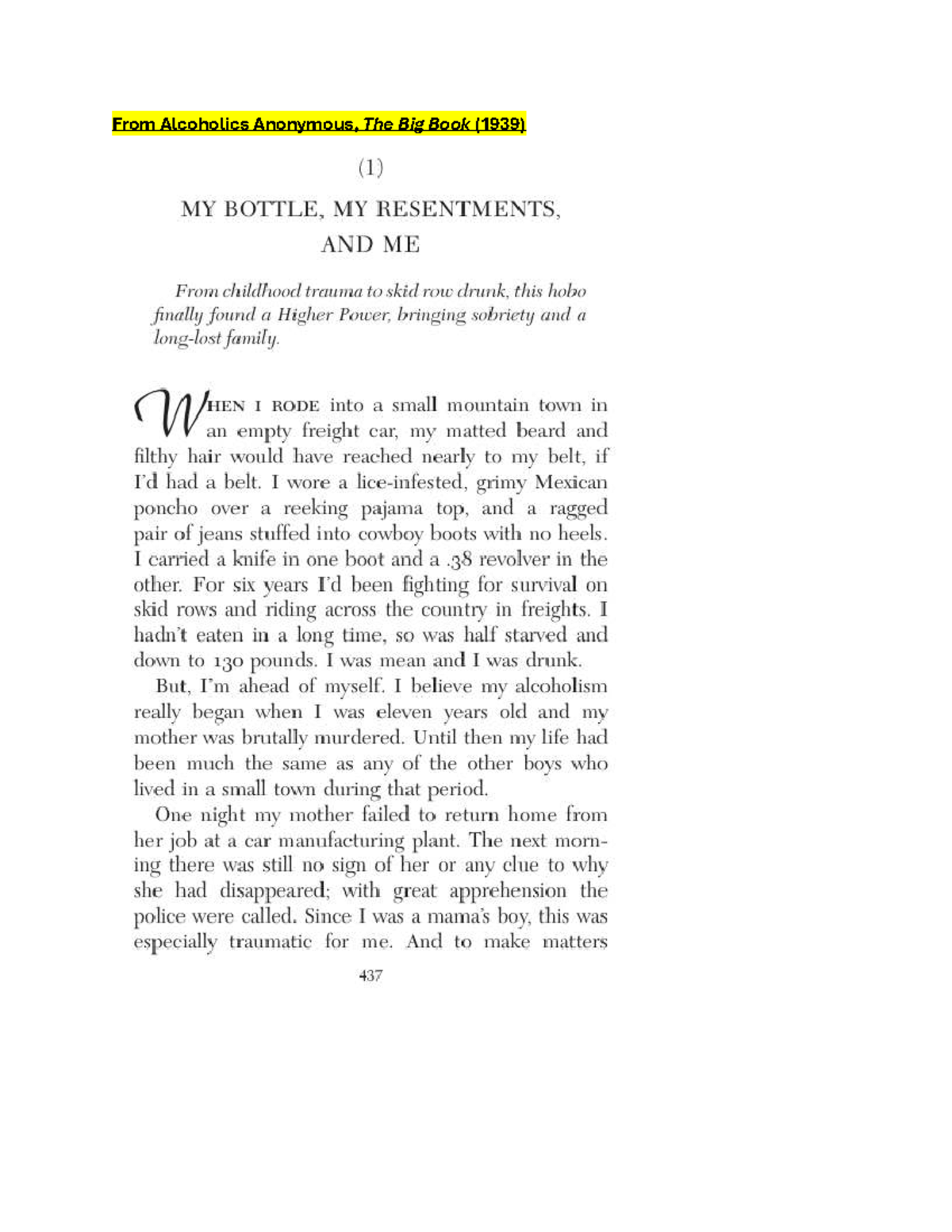 AA Big Book Selection (1939): My Bottle, My Resentments, and Me - Studocu